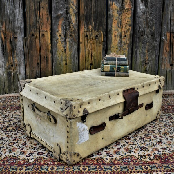 Antique Calfskin Vellum Travel Trunk Suitcase Side Coffee Table Storage ...