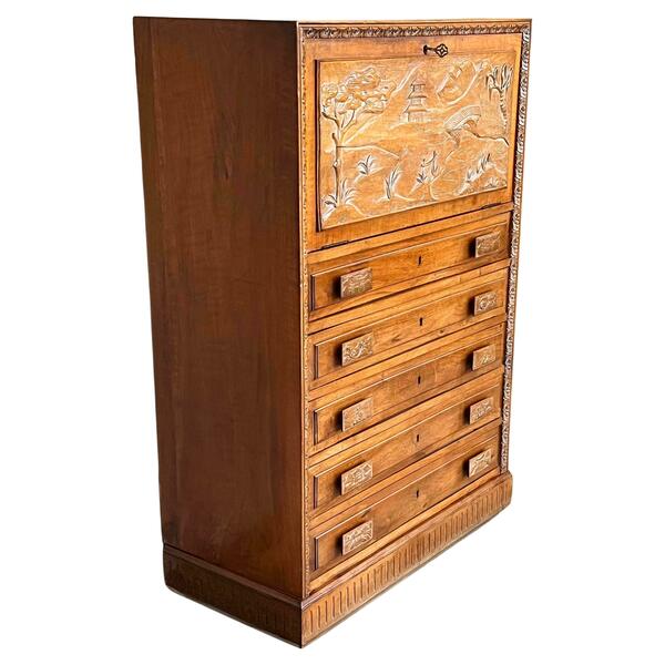 Spanish Fall Front Secretary Desk In Carved Oak, Spain, Circa 1950 ...