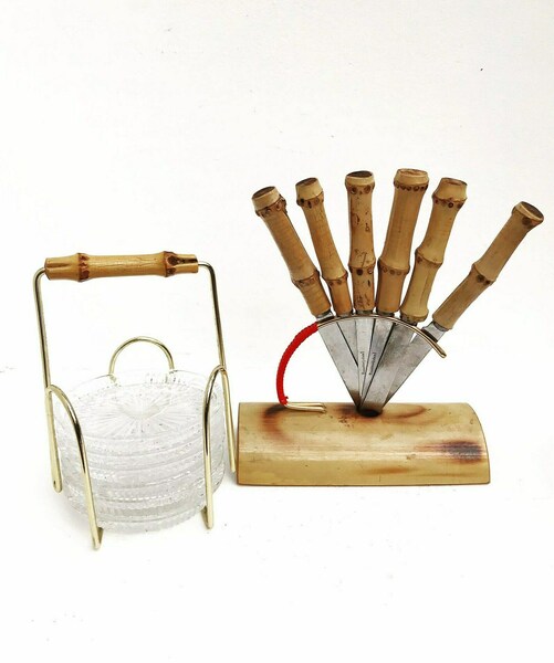 Bamboo Handle Vintage Knives Set Coasters 1960s 6 Fruit Knife Bamboo ...