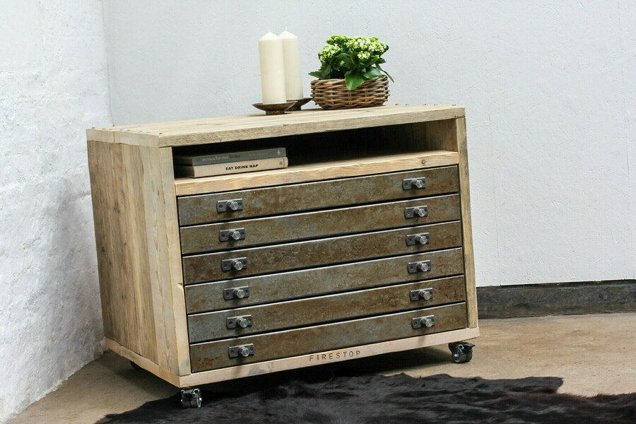 Faraz Reclaimed Scaffolding And Distressed Steel Plan Chest On Locking ...