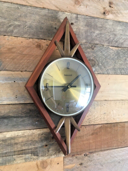 Mid Century Modern 60's Timemaster Teak Brass Diamond Shaped Wall Clock ...