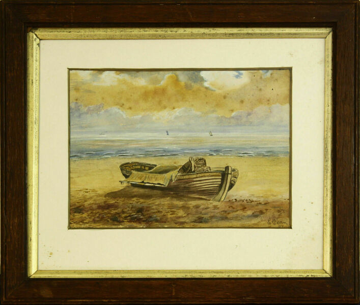 Watercolour By E. Dean. Fishing Boat With Lobster Pots | Vinterior