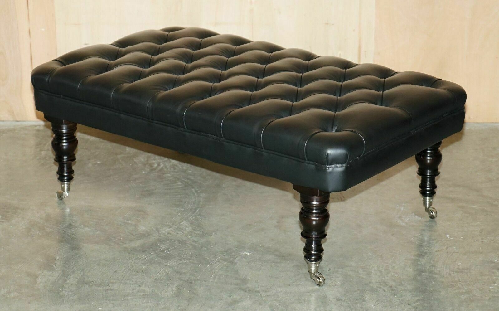 1 Of 2 George Smith Extra Large Chesterfield Black Leather Tufted Footstools
