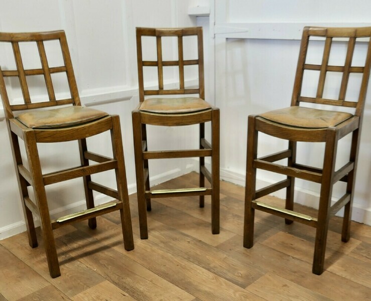 A Rare Trio Of Arts And Crafts High Bar Stools, In Golden Oak | Vinterior