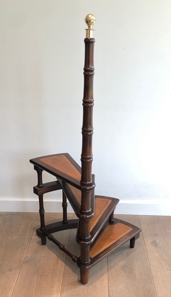Library Step Stool In Mahogany, Leather And Brass | Vinterior