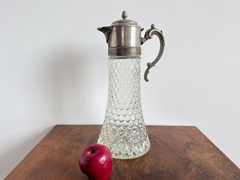 Vintage Glass Decanter, Glass Pitcher, Pressed Glass And Silver Plated ...