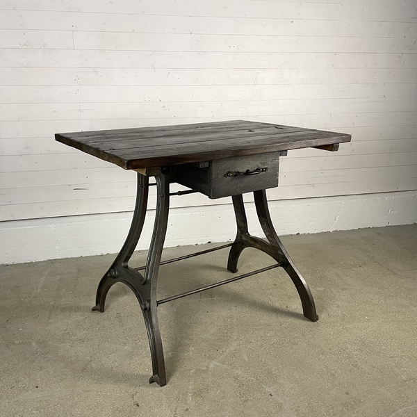 Reclaimed Antique Industrial Table With Drawer On Cast Iron Legs ...