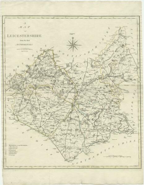 Large Antique County Map Of Leicestershire, England, With Outline ...