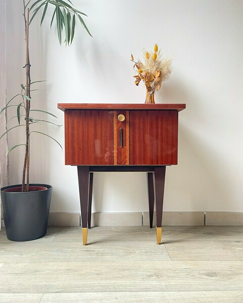 Vintage Wood And Brass Bedside Table, 1950 Scandinavian Style Bedside ...