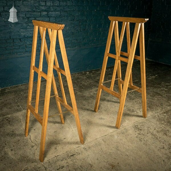 Tall Trestle Coffin Stands, 19th C Oak With Brass Hardware, Pair ...