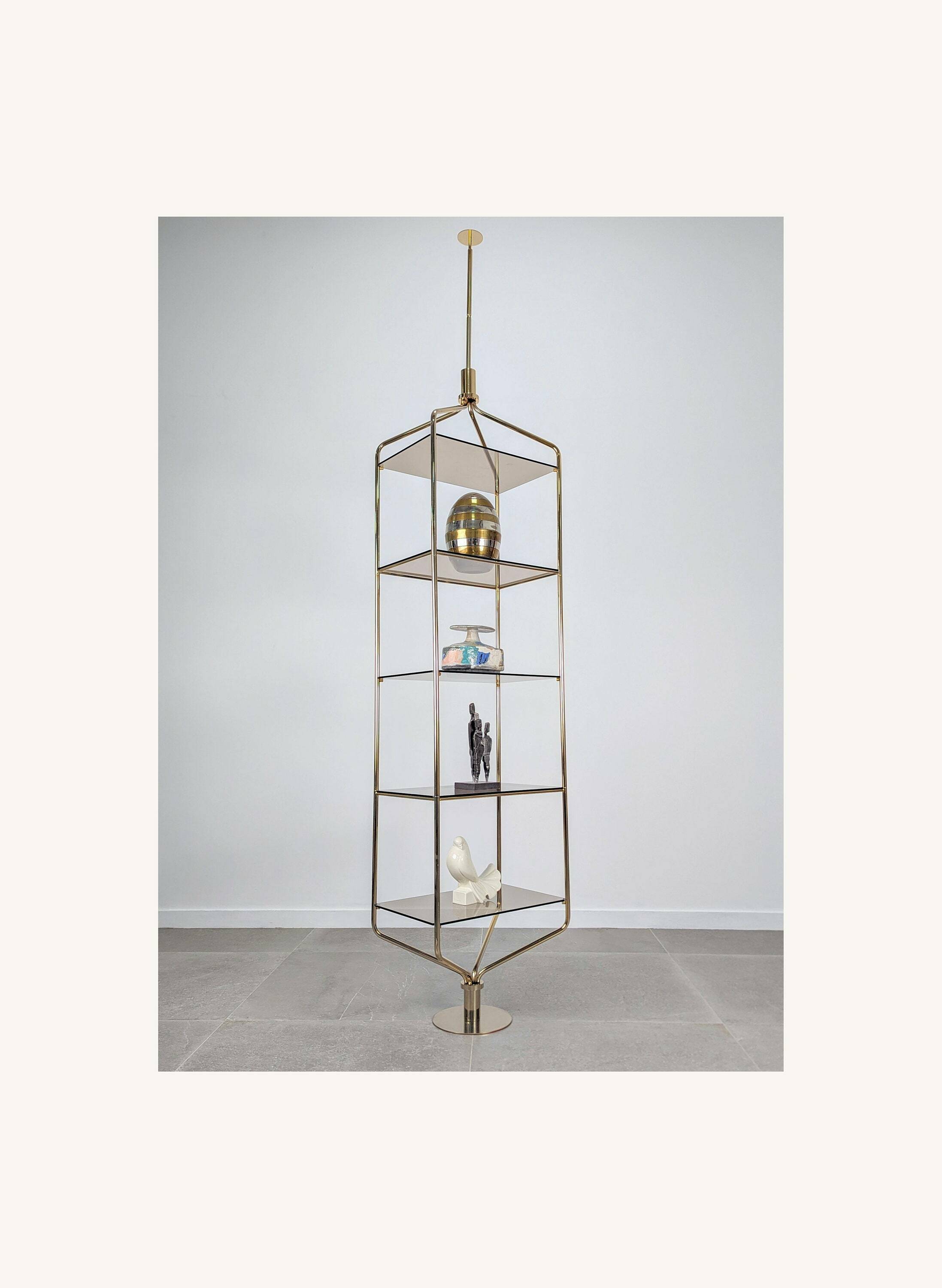 Mid Century Designer Tension Pole Shelving In Brass, 1960s | Vinterior