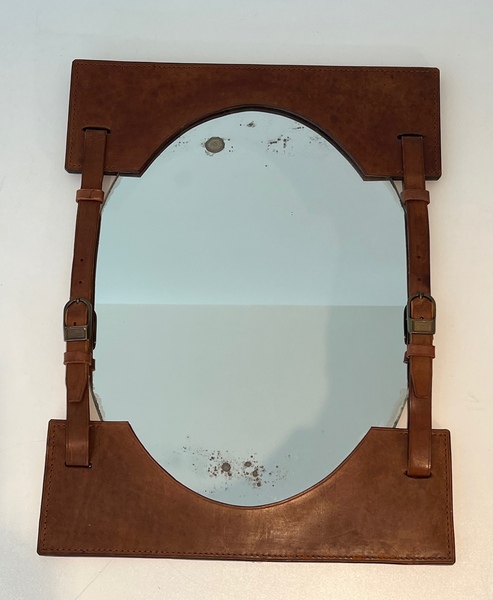 Leather And Brass Mirror Attributed To Jacques Adnet | Vinterior