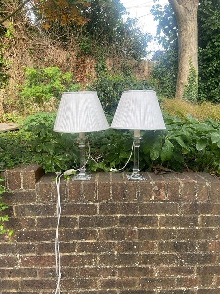 Vintage Pair Of Glass Column Lamps With Laura Ashley Grey Shades ...