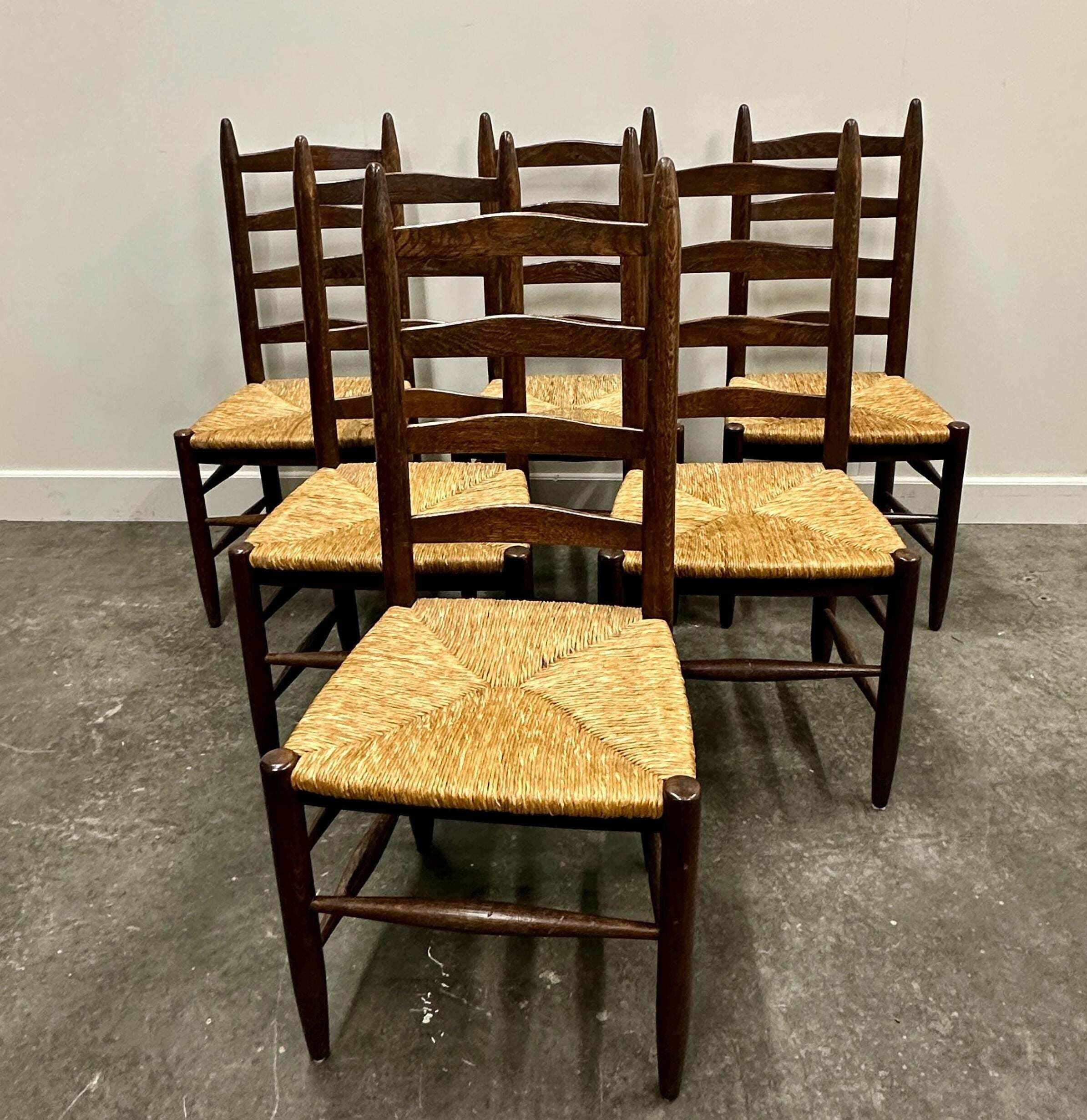 Set Of 6 French Primitive Shaker Style Oak Farmhouse Country Ladder Back Dining Chairs Wit Rush Seating 1960s Vinterior