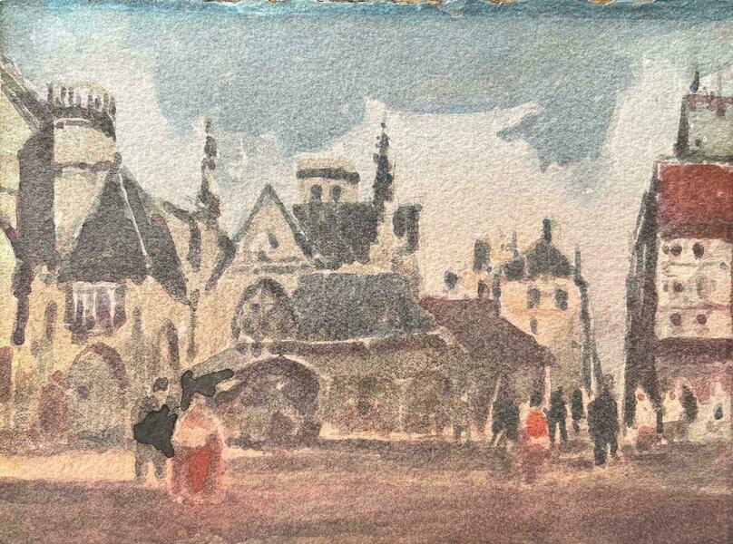 Maurice Mazeiliefrench Impressionist Watercolor Of Bustling Town Square ...