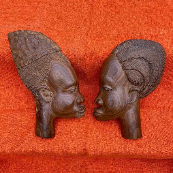 Vintage African Hand Carved Wood Faces, Pair Of African Sculptures ...