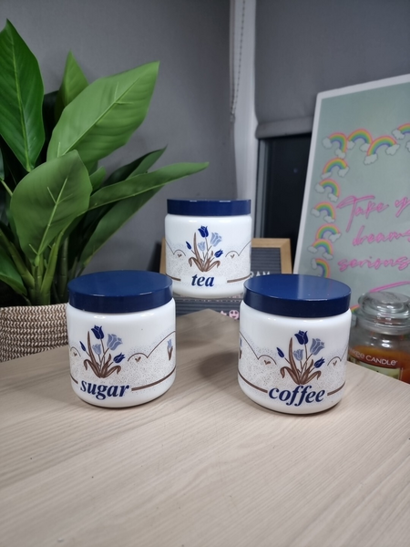 3 X Vintage 80s Clp Blue Floral Glass Coffee Tea Sugar Canisters ...