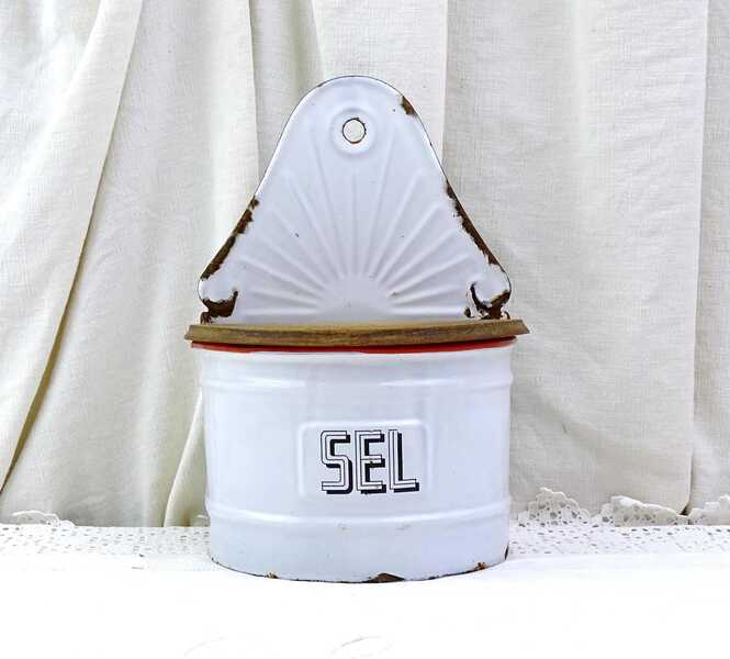 Antique White Enamel Wall Mounted Salt Box With Wooden Lid Black ...