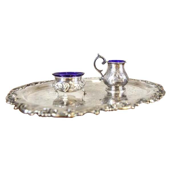 Mid 20th Century Decorative Dish Set Silver Plated With Blue Accents ...