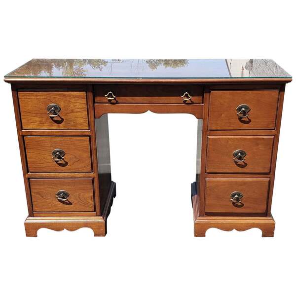 Stickley Mid Century Cherry Narrow Partners Desk With Protective Glass ...