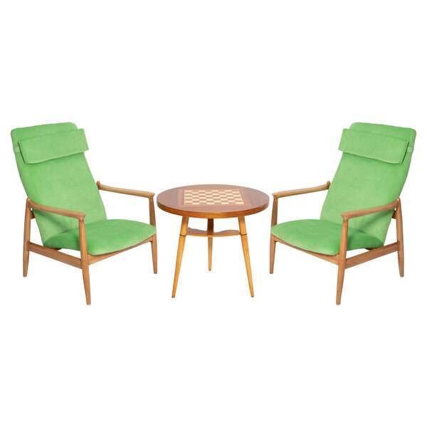 Set Of Green Armchairs By E. Homa And Chess Table, Europe, 1960s ...