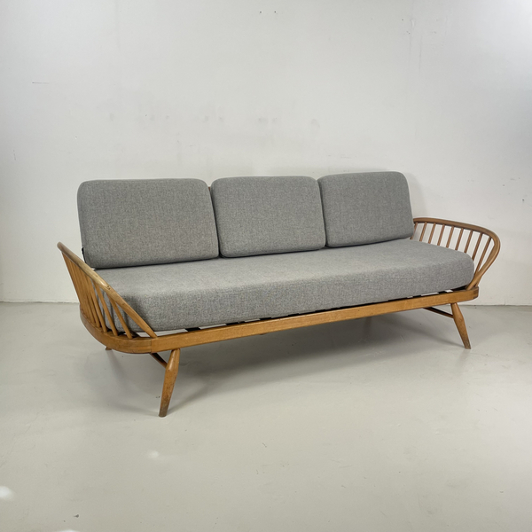 Vintage Blonde Ercol Studio Couch Upholstered In Grey | Lucian Ercolani ...