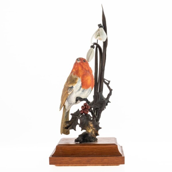 Fine Porcelain & Bronze Robin On A Holly Leaf Branch Sculpture By David ...