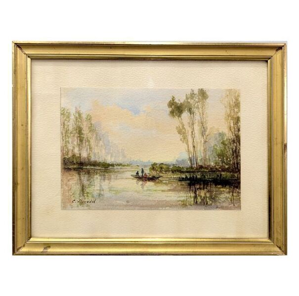 Watercolor Drawing Of A Lakeside Boat Signed C David | Vinterior