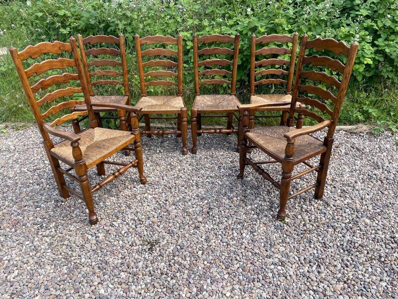 Set Of Ladder Back Kitchen Chairs With Rush Seats (Includes 2 Carvers ...