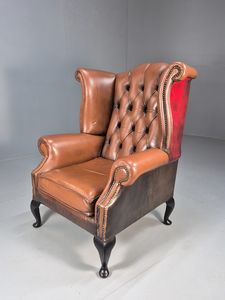 Vintage Leather Wingback Queen Anne Chair Brown 1980s Retro Eb9543 Vlea ...