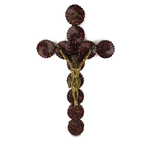 Large Hanging Wooden Wall Crucifix Cross Folk Tramp Art Htf Brass ...