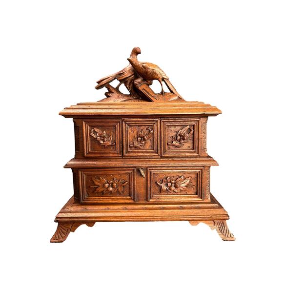 Antique Black Forest Jewelry Casket, Carved Wood Birds Pheasant Box ...