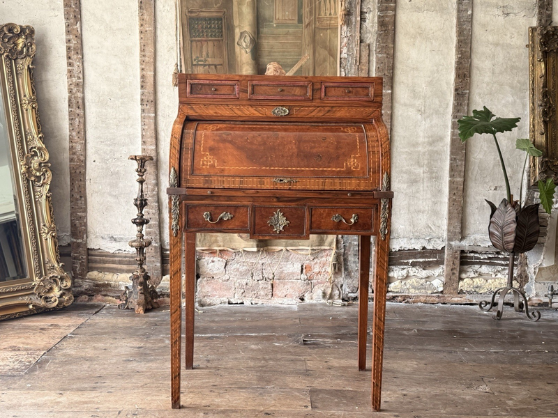 French Empire Louis XVI Marquetry Burr Antique Desk Roll Top Bureau ...