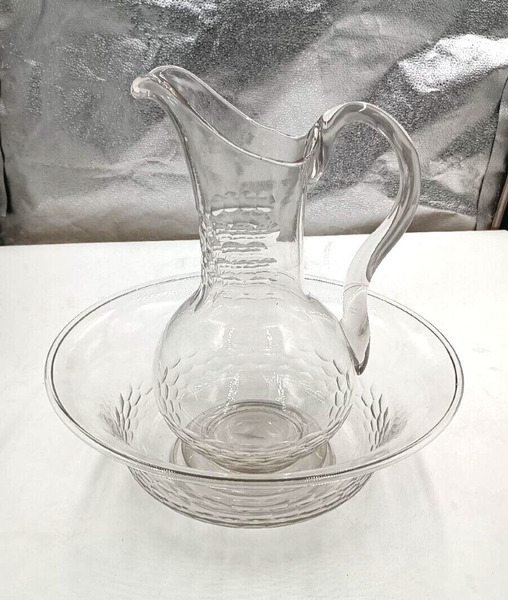 Large Antique 19th Century Engraved Glass Basin Tray With Jug | Vinterior