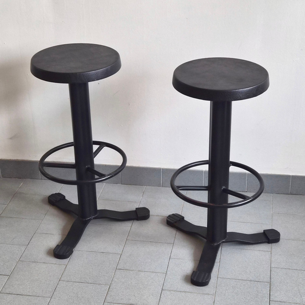 Pair Of Vintage 1980 Steel & Black Faux Leather Bar Stools 80s Retro ...