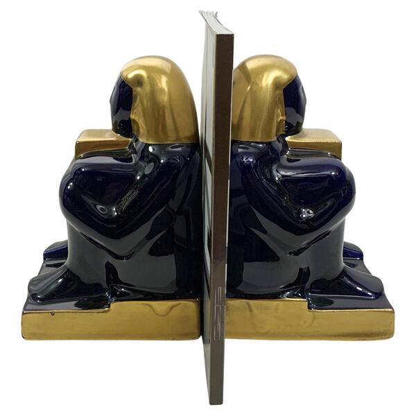 Mid 20th Century French Egyptian Revival Ceramic Bookends In Deep Navy ...