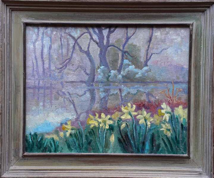 Peter L Fielddaffodils In Lake Landscape British 50's Post Impressionist Art Oil Paintingcirca ...