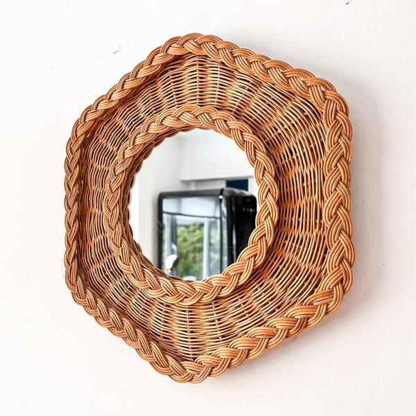 Small Vintage French Hexagonal Wicker Wall Mirror | Vinterior