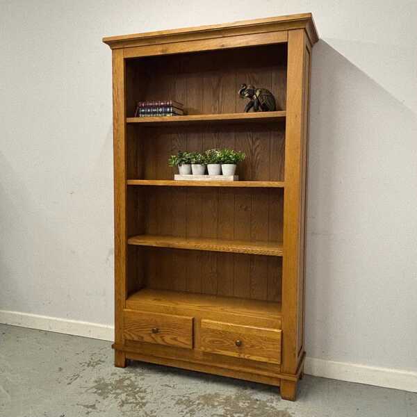 Solid Oak Bookcase With 4 Shelves & Drawers, Tall Wooden Shelving Unit ...