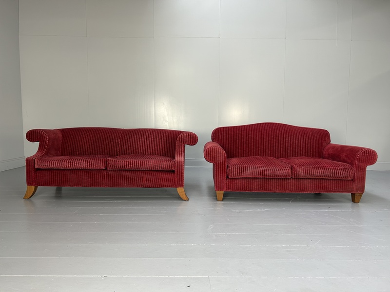 Pair Of Linley Scroll Arm Sofas In Raspberry Red Stripe Velvet | David ...