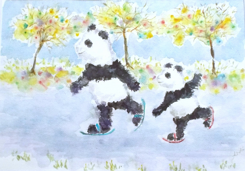 Skating Pandas Cubs Cute Original Watercolour Framed Painting Andi J ...