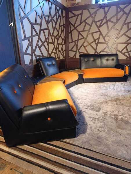 Large 1970s Modular Sofa Suite In Black Vinyl & Orange Velvet Space Age ...