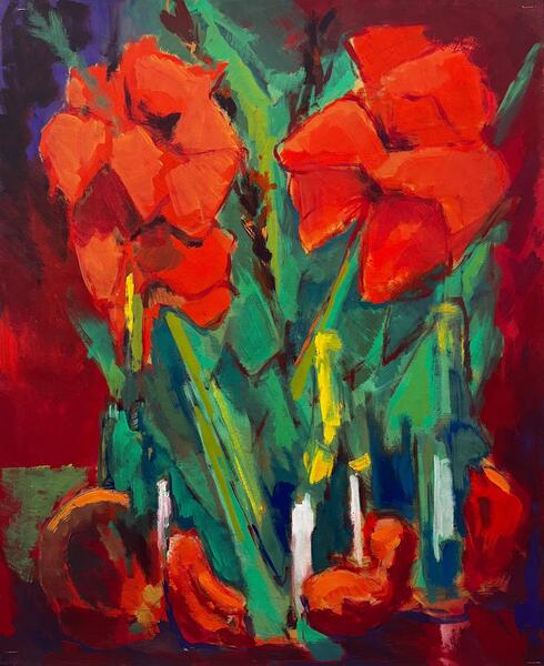 Guy Nicodabstract Red Flowers With Bottles And Fruit French Modernist ...