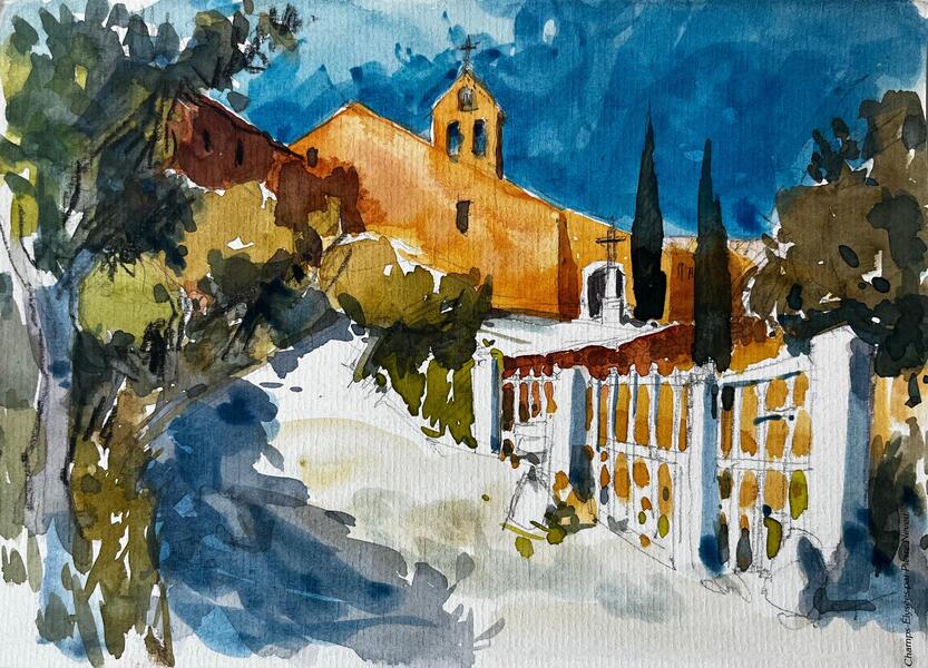 Pierre Neveuprovence Chapel Sunlit Church Pathway Cypress Trees French ...