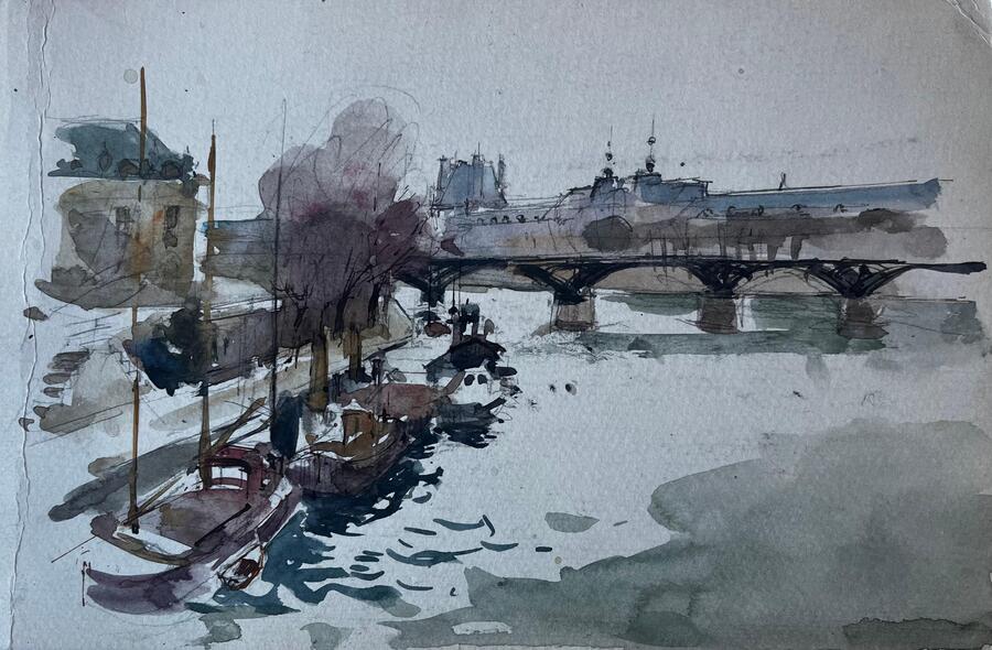 Pierre Neveuparis River Scene With Bridge And Boats French Modernist ...