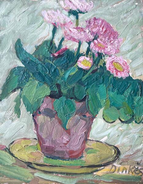 Suzanne Dinkesmid Century French Impressionist Oil Painting Pink Daises ...