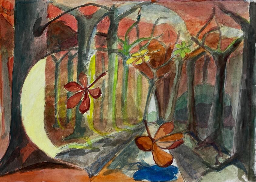 Guy Nicodcubist Gouache Autumn Forest Landscape With Trees And Falling ...