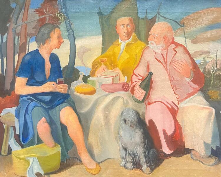 Pierre Georgeotlarge Mid Century French Oil Three Figures Seated Picnic ...