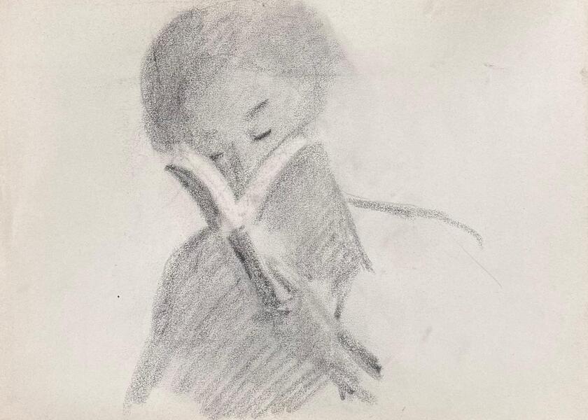 Robert Ladou Pencil Sketch Portrait Of A Lady In Deep Reading Original ...