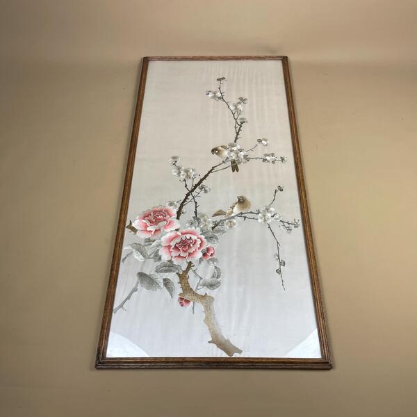 Oriental Embroidered Silk Bird Blossom Panel Framed Textile Art ...
